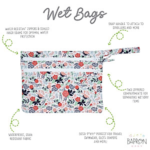 BapronBaby Vintage Rose Wet Dry Bag - Waterproof Two Zipper Pockets - Reusable for Mealtime, Diapers, Stroller, Snacks, Swimsuits - Machine Washable - 11" x 9"
