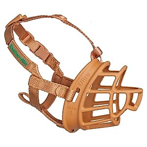 BASKERVILLE Ultra Dog Muzzle- Tan Size 4, Perfect for Medium Dogs, Prevents Chewing and Biting, Basket allows Panting and Drinking-Comfortable, Humane, Adjustable, Lightweight, Durable