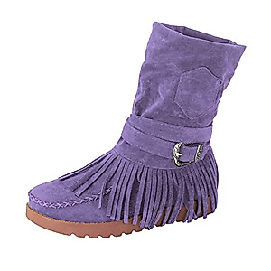 YfiDSJFGJ black booties for women casual toe retro short fringe round flat pointe toe low heel chunky block heel soft toe non-slip snow boots metallic cowgirl boots