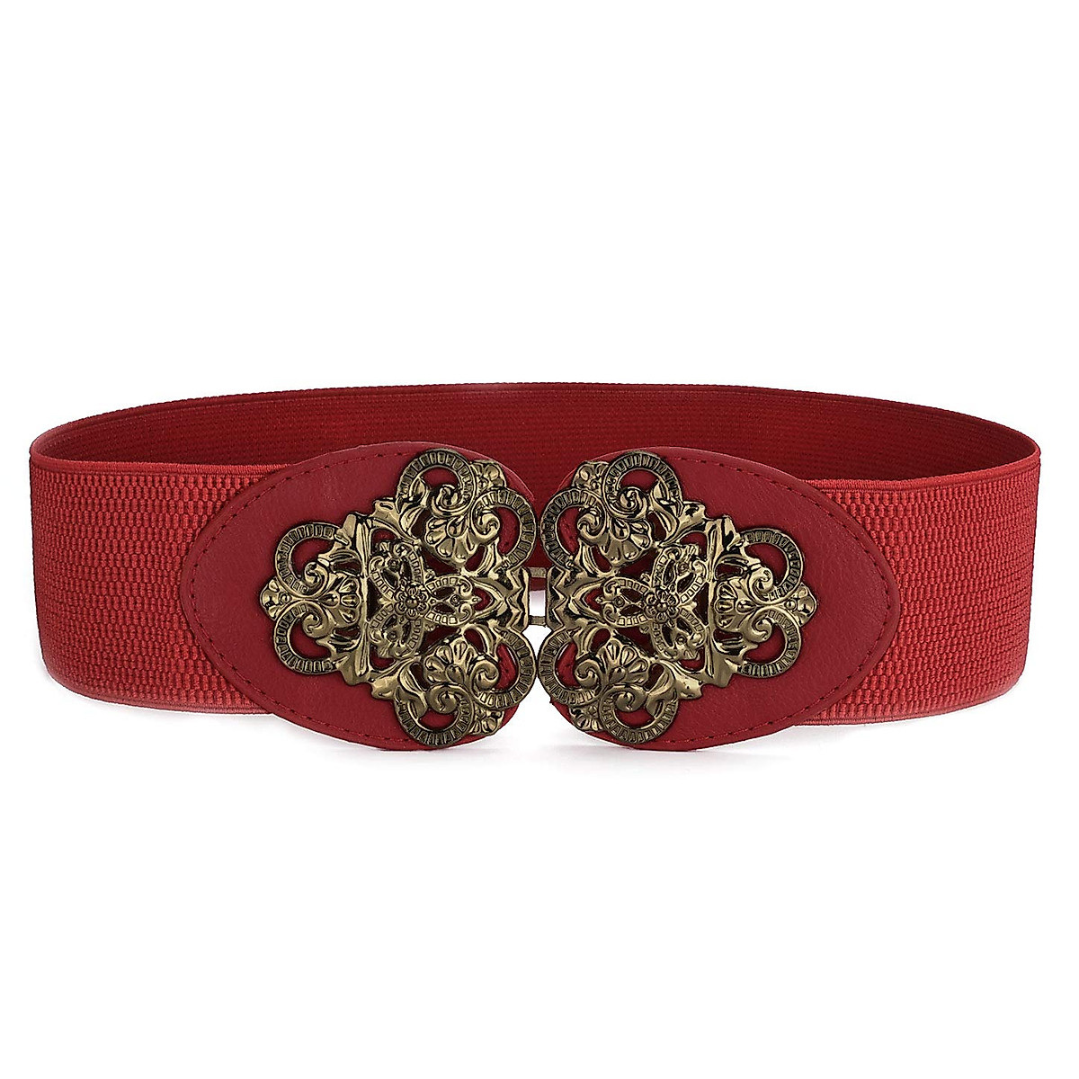 Allegra K Ladies Metal Symmetric Flower Interlock Buckle Textured Elastic Cinch Belt Red-1 Buckle-2