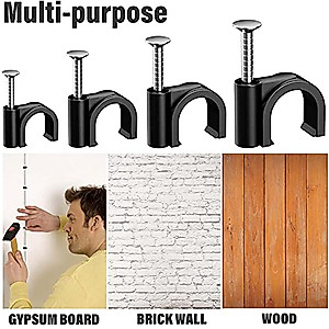 200 Pcs Cable Clips 4/6/8/10mm Nail in Cable Clips Cable Wire Clips Cable Tacks Coax Cable Clips Speaker Wire Clips Cable Nails for Cords Wall Wire Clips RG6 RG59 CAT6 RJ45 Ethernet Cable Clips Black