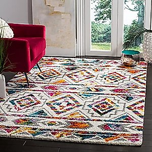 SAFAVIEH Fiesta Shag Collection 6'7" x 9'2" Cream / Multi FSG365A Moroccan Boho Non-Shedding Living Room Bedroom Dining Room Entryway Kids Area Rug
