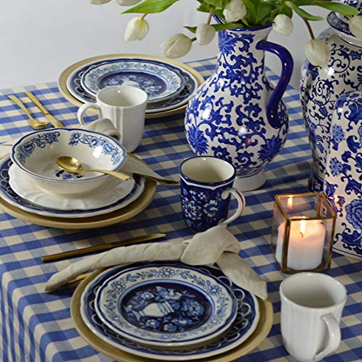 Euro Ceramica Blue Garden 16 Piece Oven Safe Hand Painted Stoneware Dinnerware Set, Service for 4, Bold Vase Design/Floral Pattern, White and blue