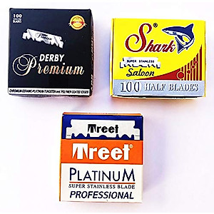 Razor Blades Club Derby-Shark-Treet 300 Quality Single Edge Razor Blades Sampler (3 different brands)