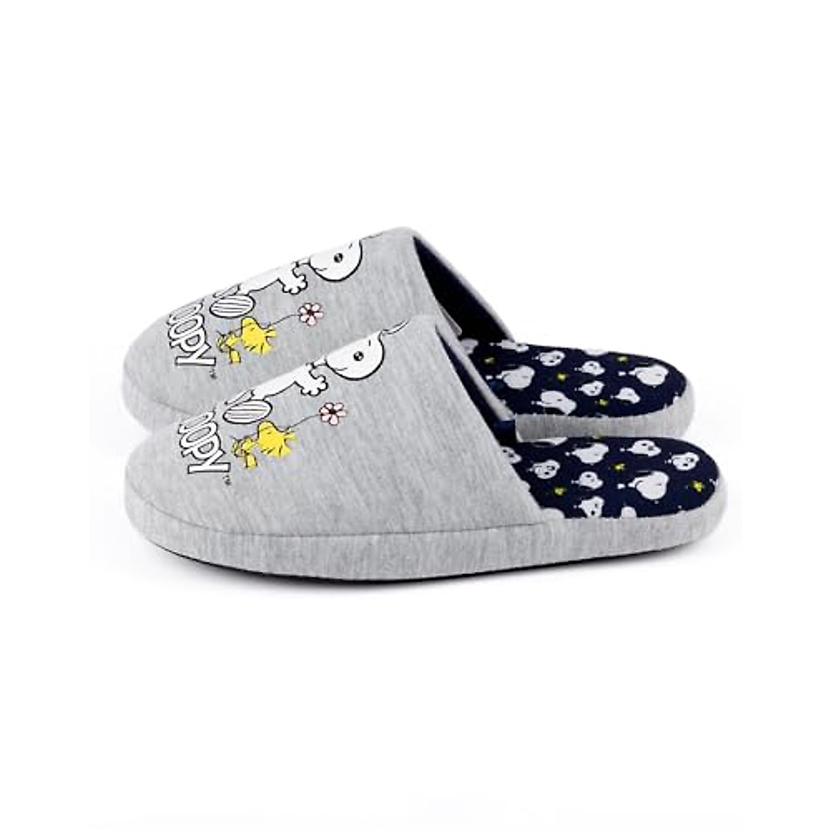 PEANUTS Snoopy Womens Slippers in Grey Marl | Ladies Snoopy & Woodstock Cartoon Footwear | Slip On House Shoes Nightwear
