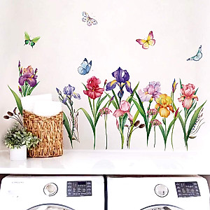 decalmile Garden Flower Wall Decals Narcissus Iris Floral Butterfly Wall Art Stickers Bedroom Living Room TV Wall Home Decor