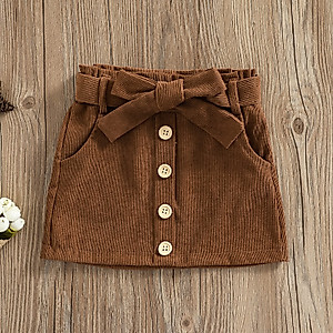 Mubineo Toddler Baby Girl Basic Plain Corduroy Button Skirt Casual Mini Skirts with Belt (Brown, 4T)