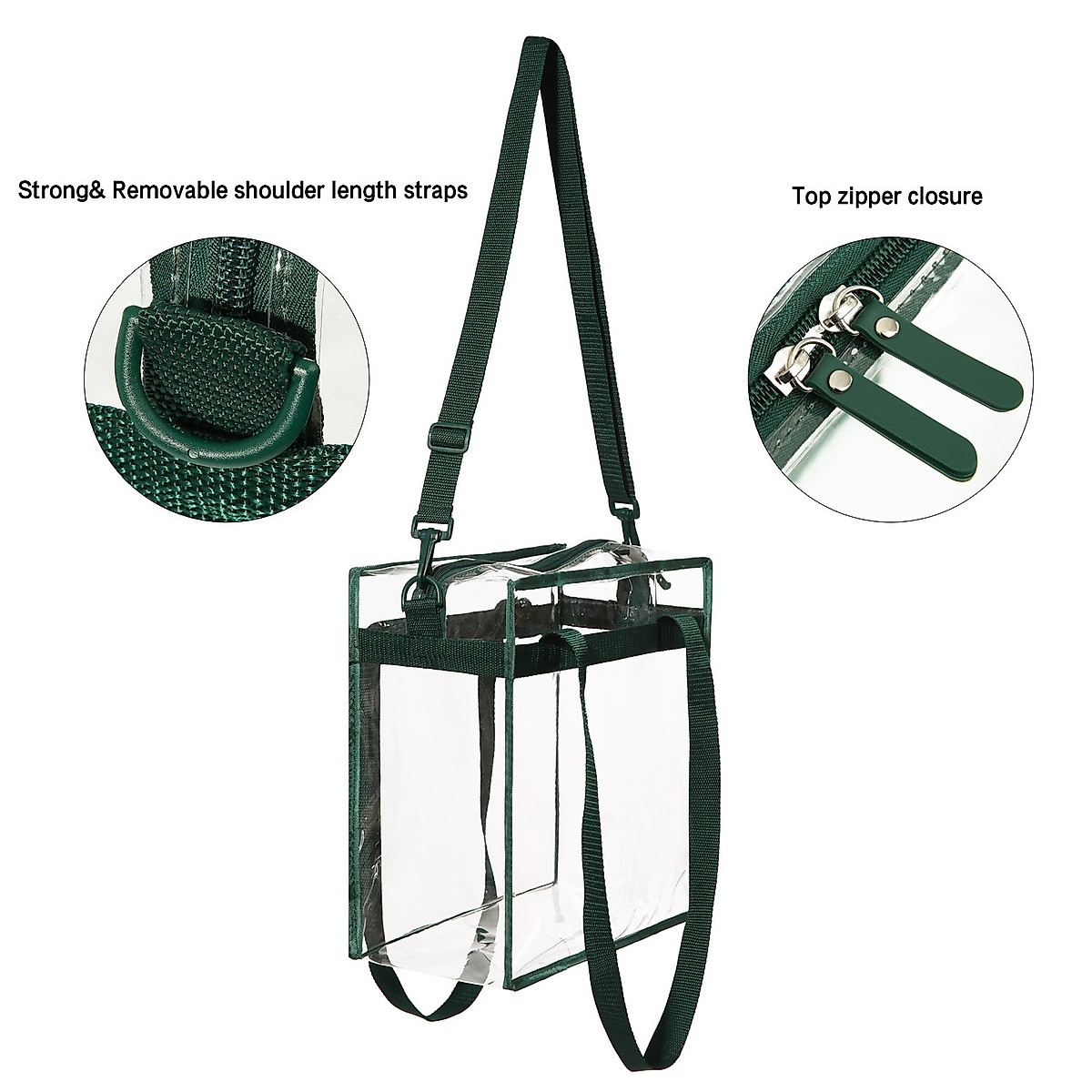 BAGAIL Clear bags Stadium Approved Clear Tote Bag with Zipper Closure Crossbody Messenger Shoulder Bag with Adjustable Strap(12 Inch X 12 Inch X 6 Inch,Green)