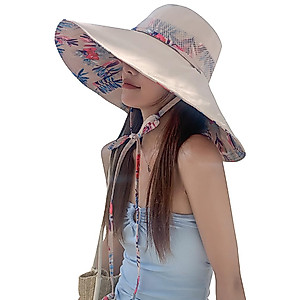 6" Extra Wide Brim Sun Hats UPF 50+ UV Protection Packable Beach Hat Strap Women (Beige)