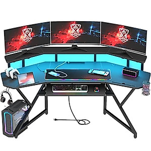 Auromie 72" Gaming Desk with Power Outlet & Led Strip, Large Wing-Shaped Computer Desk w Monitor Stand & Keyboard Tray & RGB Mouse Pad, Studio Desk w Storage Shelf Headphone Hook Cup Holder