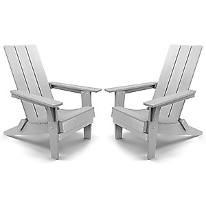Modern Folding Adirondack Chair Set of 2 Plastic (Grey), 1s Expand/Store Upgrade Unlocked Weather-Resistant, Poly Lumber Outdoor Chairs Stacked, Widely Used in Outside Patio, Lawn, Deck, Garden Chairs