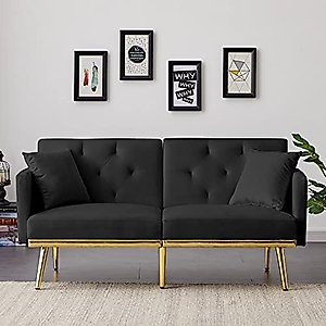 Keainvren Reversible Sleeper Sofa Bed,59'' Velvet Modern Loveseat Tufted Upholstered Small Couch Furniture with Pocket for Living Room,Bedroom,Office,Lounge,Reception Room (Black)