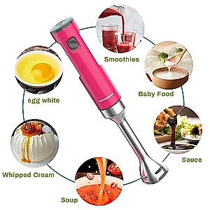 OUTRONSM Cordless Hand Blender, CordIess Immersion Blender Rechargeable, with Charging Cable, 500ml Chopper, 600ml Container, Egg Whisk, for Smoothies, Milkshakes, Infant Food and Soups – Red