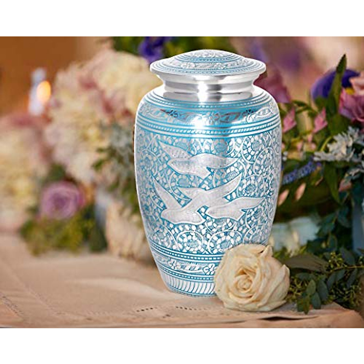 Divinityurns Wings of Love Blue & Silver Cremation Urn - Metal Cremation Urn - Handcrafted and Affordable Large Urn for Human Ashes - Adult Funeral Urn with Free Bag and Free Keepsake