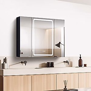 GETPRO Medicine Cabinets 40 x30 inch LED Lighted Medicine Cabinet Mirror for Bathroom Black Aluminum Surface Mount Anti-fogger Function 3 Color Temperature Adjustable Brightness