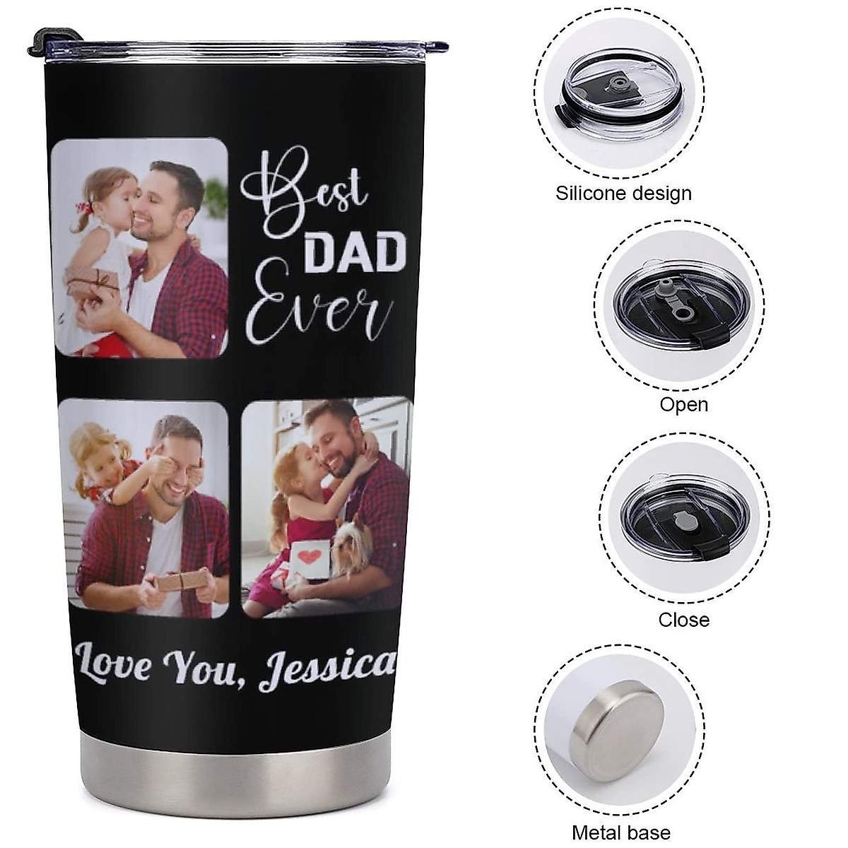 Personalized Picture Travel Tumbler for Dad Gift on Father's Day from Daughter Son Custom Coffee Mug with Best Dad Text Photo Cup