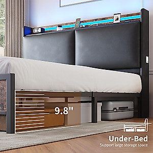 Full Size Bed Frame with Ergonomic Headboard, LED Lights Bed Frame with Hidden Storage, PU Leather Upholstered Platform Metal Bed with Charging Station , No Box Spring Needed, Heavy Duty, Black&Brown