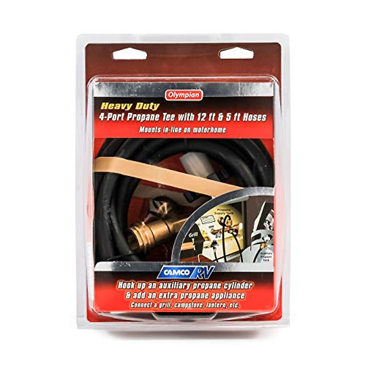 Camco Propane Brass 4 Port Tee- Comes with 5ft and 12ft Hoses, Allows for Connection Between Auxiliary Propane Cylinder and Propane Appliances (59123) , Black