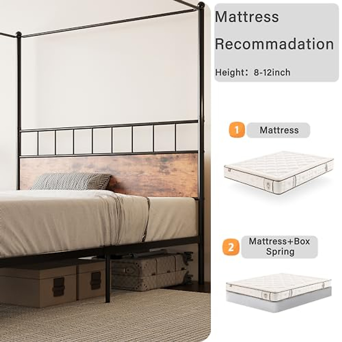 LIKIMIO Canopy Bed Frame Full with Wooden Headboard and Drawer, Full Size Bed Frame with 4 Removable Sturdy Posts, Noise Free, No Box Spring Needed, Vintage Brown