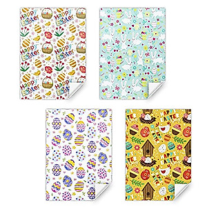 Easter Wrapping Paper,4 Sheets 4 Designs Bunny Eggs Chicken Gift Wrapping Paper,20 x 28 Inch Funny Cute Pattern Gift Wrap With Ribbon For Easter Spring Birthday Holiday Baby Shower Party All Occasion