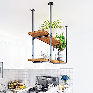 Ceiling Shelf Wrought Iron Vintage Solid Wood Hanging Wine Rack/Storage Rack/Wine Bottle Rack,2Cm Solid Wood Board,Super Load-Bearing Home Decoration