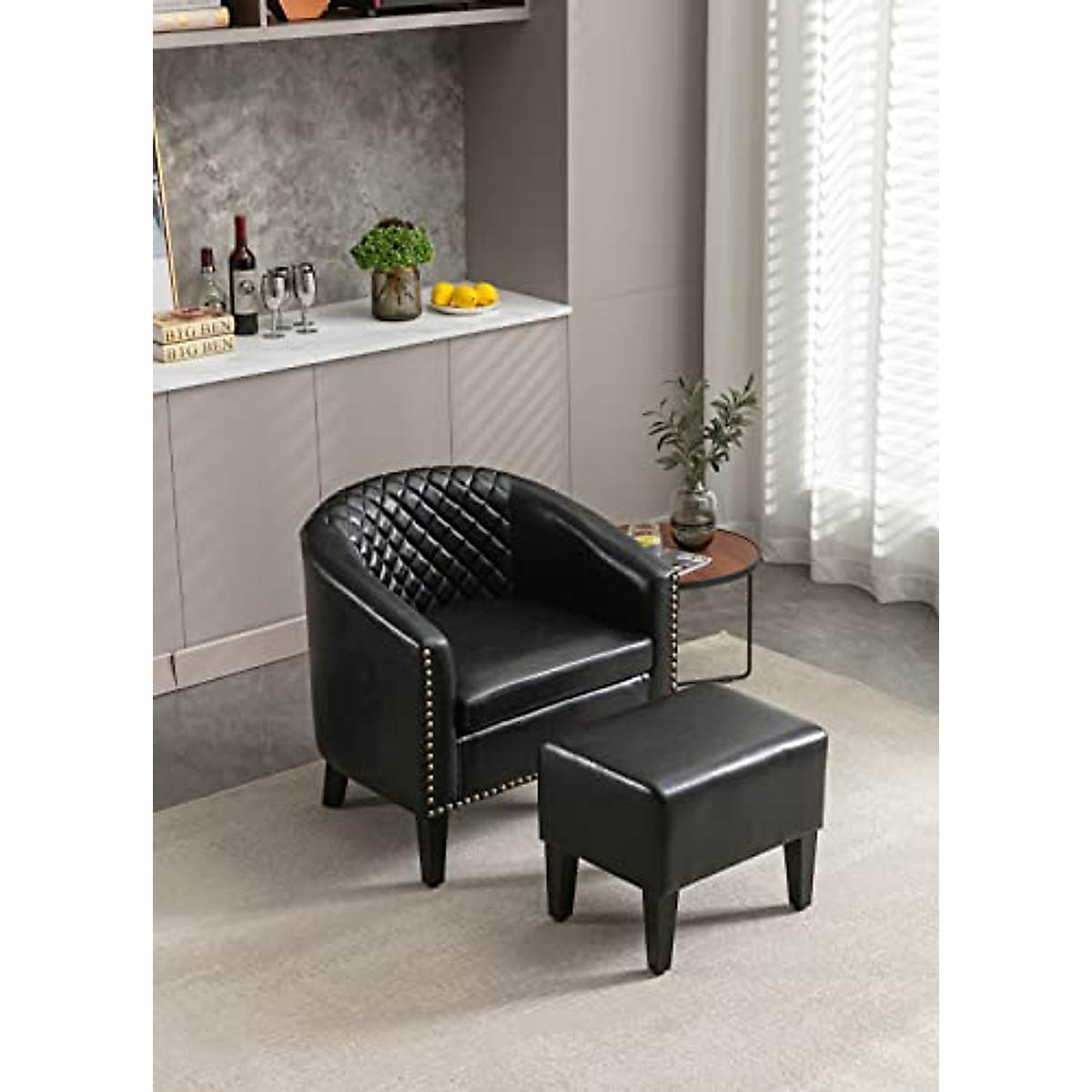 QQU Accent Sofa Chair with Ottoman, Faux Leather Modern Barrel Chair with Iron Legs and Round Arms, Upholstered Chair for Living Room, Bedroom(Black)