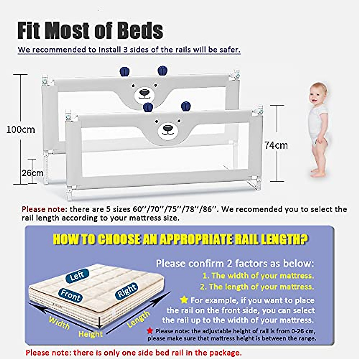 Bed Rail for Toddlers, 60’’70’’75“78’’86’’ Extra Long Baby Bed Rail Guard Lifting Vertically, 1 Side of Free-Tool Assembled Bed Rail Guard for Toddlers Fit Queen Bed, King Bed (75 Inch, Grey Moon)