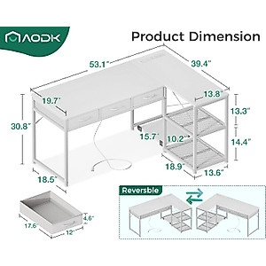 AODK 53 Inch L Shaped Computer Desk with Drawers, Corner Desk with Power Outlets & Reversible Storage Shelves, Movable CPU Stand for Home Office Gaming, White
