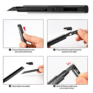 FOSHIO Retractable Utility Knife with 30 Degree Snap Off Blade 9MM, Box Cutter for Carton, Cardboard and Box, Office, Home Use, 3 Pack Black Aluminum Handle Knife ​with Extra 30 Replacement Blades