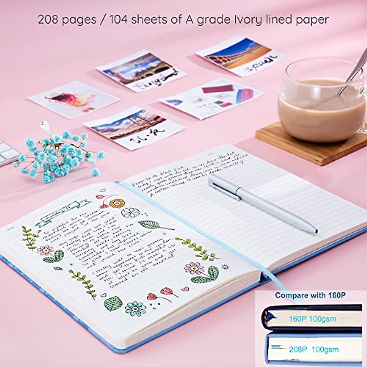 ARITIN Journal for Women-Journal Notebook Hardcover 208 Pages Lined, PU Leather Notebook Embossed Flowers, 5.7 X 8.4 in, 100gsm A grade Paper, Light Blue