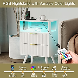 JOONEE White Nightstand with Charging Station and LED Lights,Modern Bedside Table with 2 Storage Drawer and Open Wood Shelf, for Bedroom and Small Spaces,Night Stand with Solid Wood Legs,White