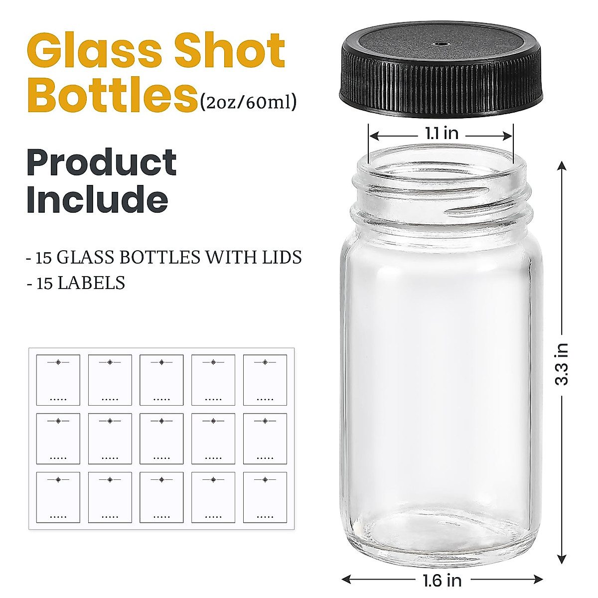 15 Pack 2 oz Glass Shot Mini Bottles w/ Black Lids & 15 Labels - Small Clear Jar for Ginger, Wellness Shot, Juice, Sample, Whiskey - Travel Essentials - Wide Mouth, Leakproof, Dishwasher Safe