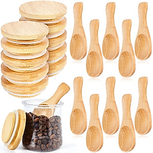 20 Pcs Yogurt Jar Lids with Small Spoons Bamboo Jar Lids Set with Silicone Sealing Rings Wooden Spoons for Jars Wooden Mason Jar Lids Compatible with Oui Yogurt Wood Cookie Glass Storage Lids