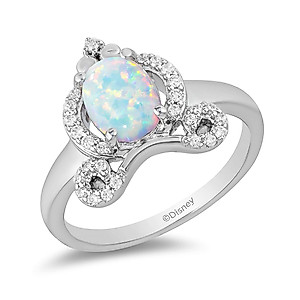 Jewelili Enchanted Disney Fine Jewelry Sterling Silver 1/6cttw and Lab Created Opal Cinderella Carriage Ring