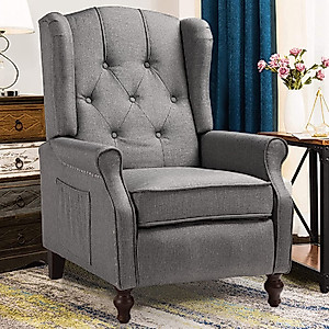 OQQOEE Wingback Recliner Chair Fabric Push Back Accent Chairs Diamond Tufted Reclining Armchair with Adjustable Backrest and Thicken Padded Cushions for Living Room, Bedroom (Fabric, Dark Grey)