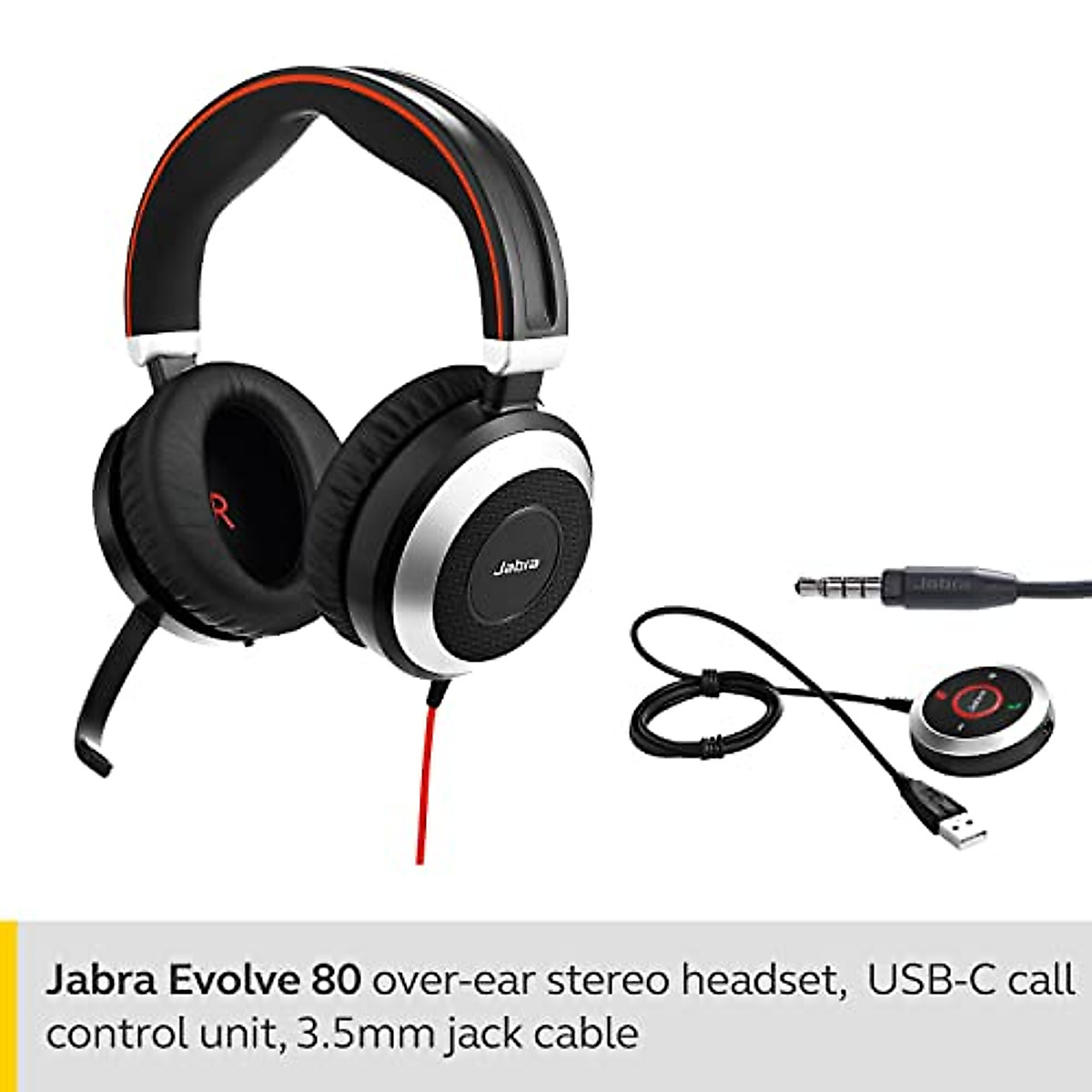 Jabra Evolve 80 UC Wired Stereo Over-Ear Headset – Unified Communications Optimised Headphones with Active Noise Cancellation – USB-C Cable and 3.5 mm Jack Connections – Black