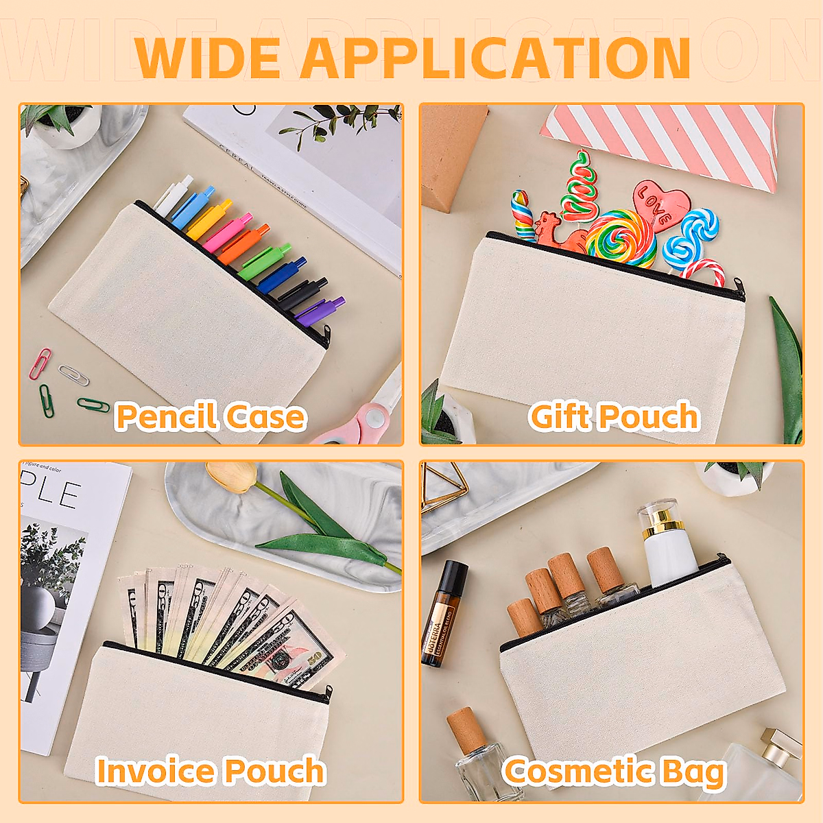 USCNC 10 Pcs 8.x 4.7 Inch Blank Canvas Makeup Bags, Blanks Cosmetic Bags, DIY Craft canvas pencil pouch, Beige Multi-Purpose Travel canvas zipper pouch