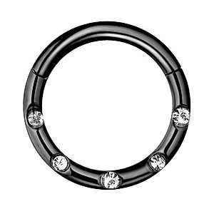 16 Gauge - 7MM Diameter Black Anodized Surgical Steel 5 Crystal Stones Paved Hinged Segment Nose Ring Septum Piercing