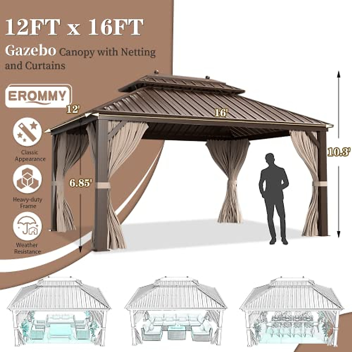 EROMMY Hardtop Gazebo Galvanized Steel Outdoor Gazebo Canopy Double Vented Roof Pergolas Aluminum Frame with Netting and Curtains for Garden,Patio,Lawns,Parties (12'x 16')