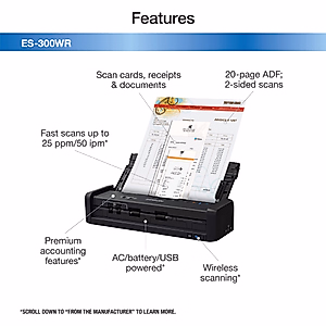 Epson ES-300WR Wireless Color Portable Duplex Document Scanner Accounting Edition for PC and Mac, Auto Document Feeder (ADF)