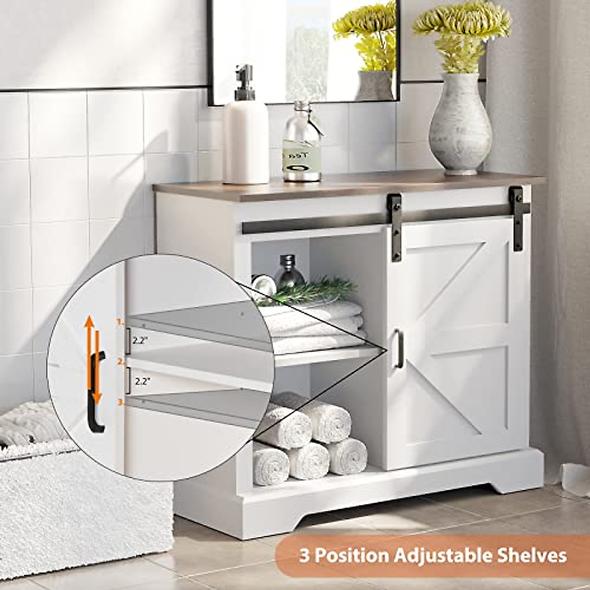 HOMFAMILIA 28" H Farmhouse Coffee Bar Cabinet w/Storage, White Kitchen Sideboard Buffet Cabinet with Sliding Barn Door, Rustic Accent Console with Adjustable Shelves, for Kitchen, Living Room