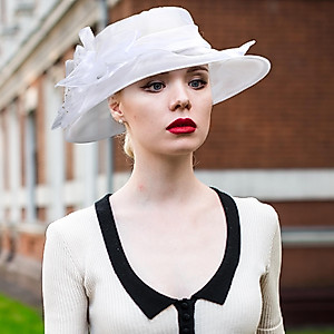 Breathffy 4 Pcs Derby Hats Women Organza Church Fascinator Bridal Flower Hat Wide Brim White Church Hat for Derby Day Wedding Tea Cocktail Party Sun, Beige Red White Pink