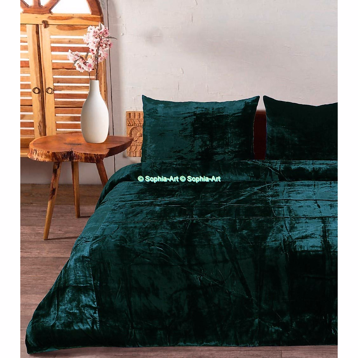 Sophia-Art 3 Pcs Ultra Luxury Rayon Velvet Bedding Boho Solid Duvet Cover UO Comforter Cover (Dark Green, King 90"x104")