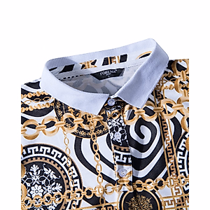 fohemr Mens Luxury Polo Shirts Gold Short Sleeve Baroque Chain Print Casual Golf Wicking T-Shirt White X-Large