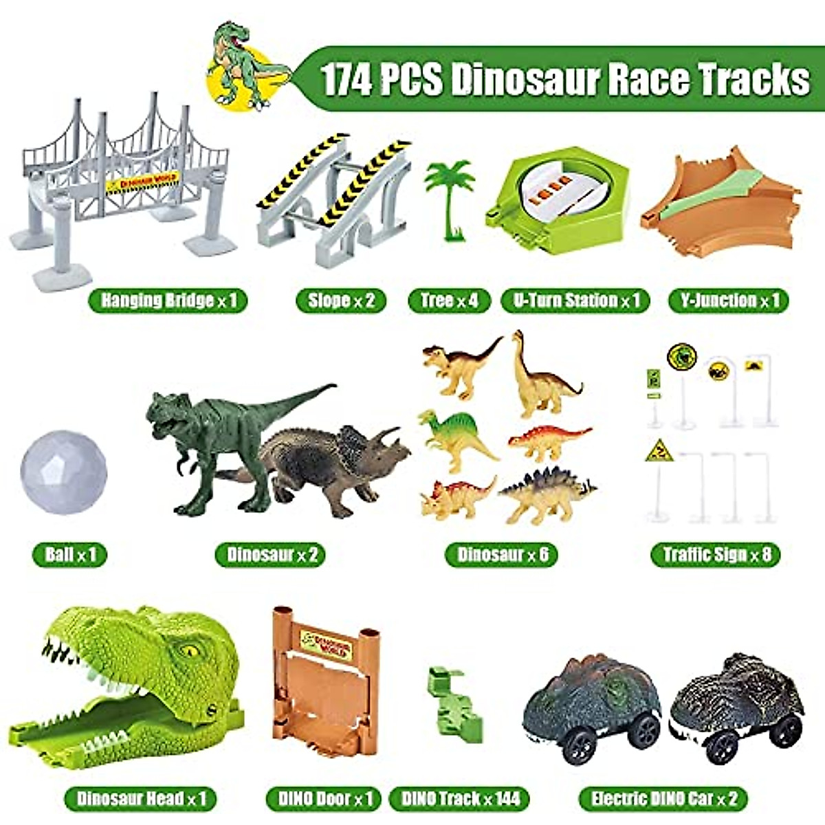 174 PCS Flexible Dinosaur Train Tracks and Race Cars Playset with 8 Dinosaurs Figures, Electric Vehicles, Lights - Create Road Racing World for Toddlers and Kids