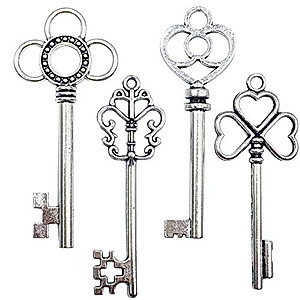 40 pcs Large Antique Silver Steampunk Vintage Skeleton Keys for DIY Wedding Party Gifts Jewelry Necklace Pendants Decoration (4 Different Style x 10)
