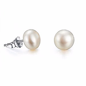 Womens Pearl 925 Sterling Silver Earrings Natural Button White Cultured Freshwater Pearl Stud Earrings AAA Quality