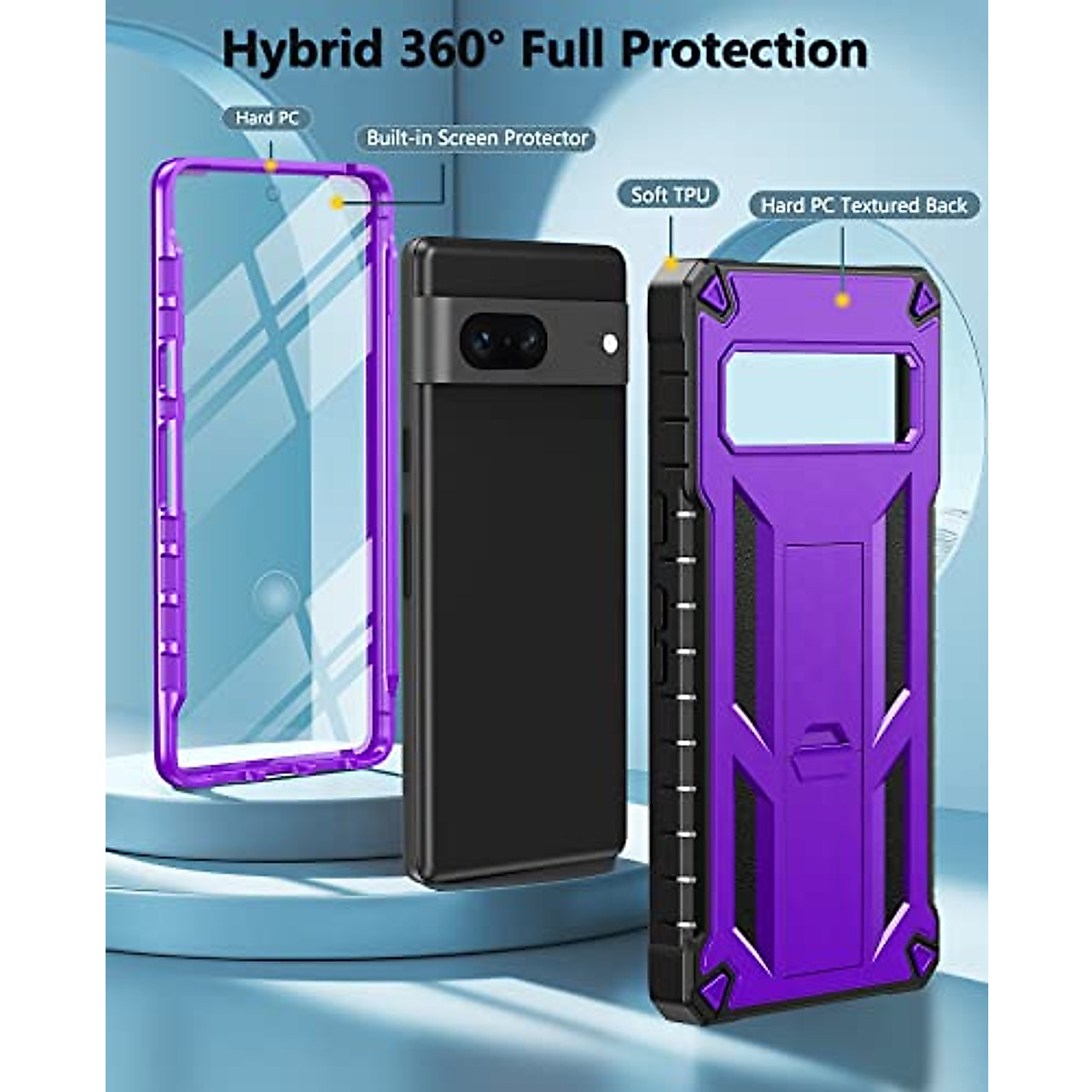 FNTCASE for Google Pixel 7 Case: Built-in Screen Protector & Kickstand | Full-Body Dual Layer Rugged Heavy Duty Protection | Military Shockproof Cell Phone Protective Cover 5G - Purple