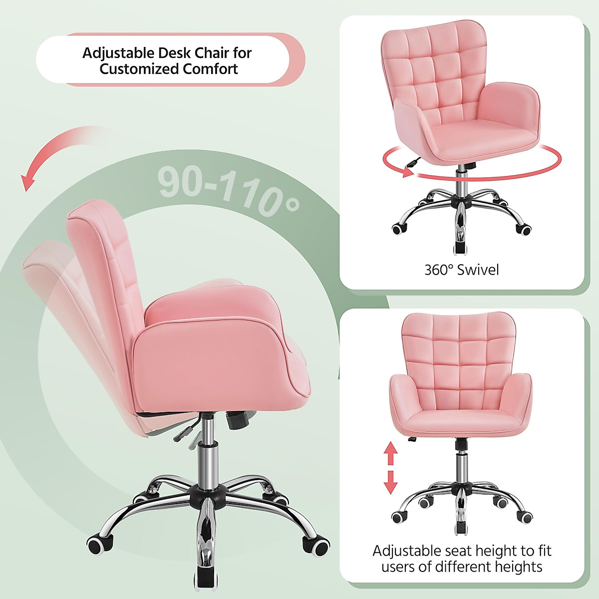 Yaheetech Faux Leather Office Chair Modern Vanity Chair Ergonomic Adjustable Makeup Chair with Padded Armrests Big Seat for Office, Study, Home, Pink