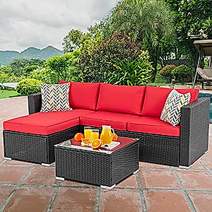 Walsunny Patio Furniture Set 3 Piece Outdoor Sectional Patio Sofa, All Weather Wicker Rattan Outdoor Furniture with Glass Table and Cushions(Red)